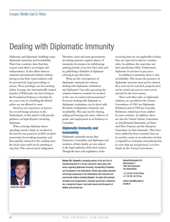 Dealing with Diplomatic Immunity - Russell Advocaten Amsterdam